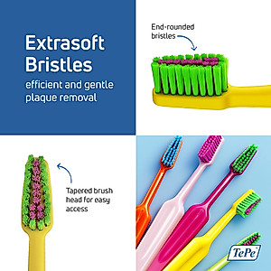 TEPE Colour Compact Extrasoft-Bristle Toothbrush, Colorful Toothbrush with Tapered Head and Angled Neck, 4 Pack
