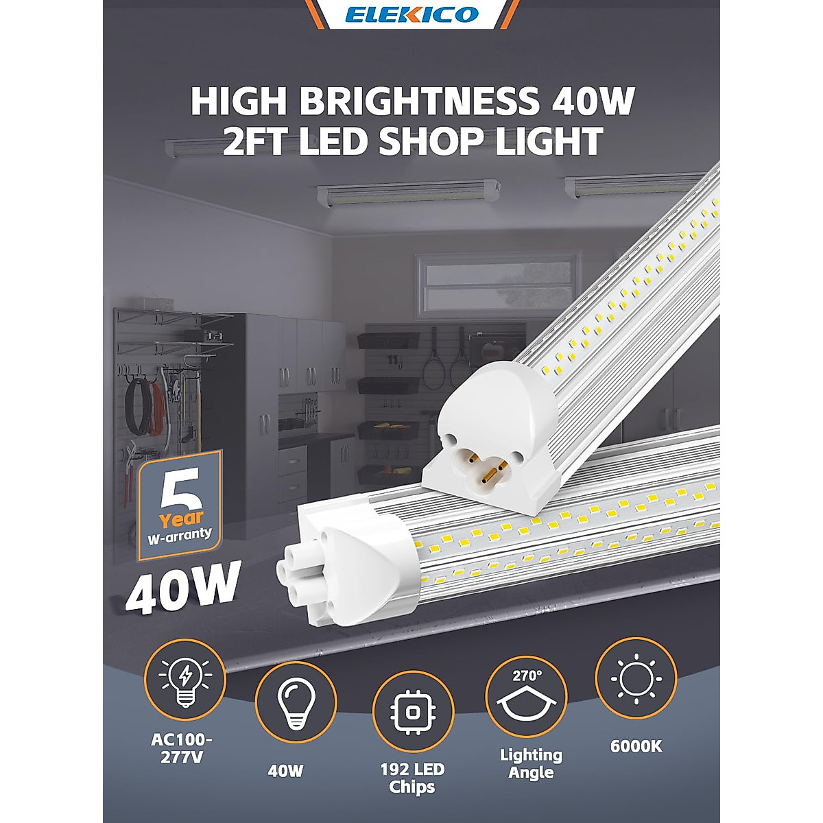 ELEKICO 4 Pack 2ft Led Shop Lights, 6000k 40w 5600lm 24 Inch Led Light Fixture Power Cord Wth on/Off Switch, Linkable 2ft Led Shop Light for Small Garage Ceiling Storage Area Workbench Basement Attic