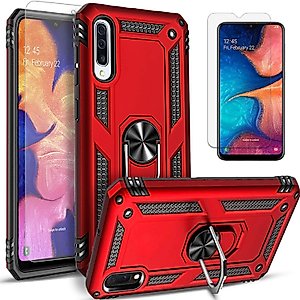STARSHOP Samsung Galaxy A50 Phone Case, with [Tempered Glass Screen Protector Included], Military Grade Shockproof Drop Protection Phone Cover with Metal Ring Kickstand - Scarlet