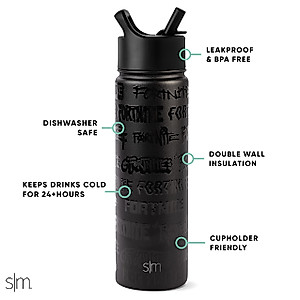 Simple Modern Fortnite Water Bottle with Straw Lid Insulated Stainless Steel Metal Thermos | Gifts for Youth Reusable Leak Proof Flask | Summit Collection | 22oz Fortnite Midnight