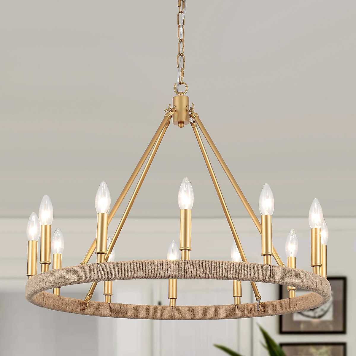 ASHUAQI Gold Wagon Wheel Chandelier 12 Light Modern Farmhouse Round Chandeliers for Dining Room Rustic Vintage Pendant Light Fixtures for High Ceilings Living Room Foyer Entryway