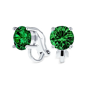 2CT Green Brilliant Cut Solitaire Round Cubic Zirconia CZ Clip On Stud Earrings Simulated Emerald Silver Plated Brass
