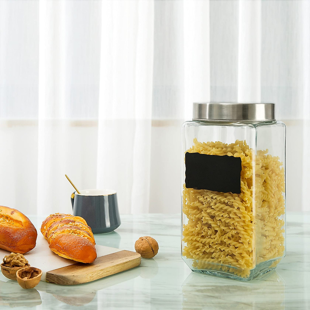 Diamond Star Glass Storage Jar with Stainless Steel Screw Lid 0.5 Gallons Square Glass Canister Kitchen Airtight Glass Jar with Chalkboard Labels (0.5 Gallons)