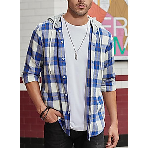 JMIERR Mens Flannel Hoodie Plaid Shirt Jackets Casual Button Down Long Sleeve Lightweight Shirts,US 46 (XL),0Sky Blue