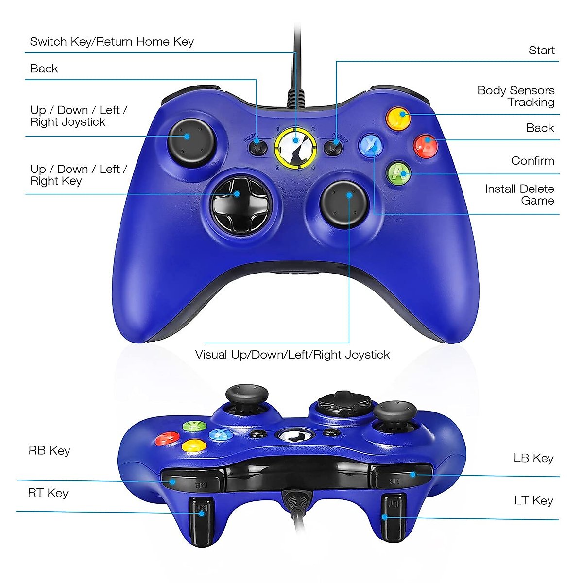 Powerextra Wired Xbox 360 Controller with Upgraded Joystick for PC Windows 7 8 10 - Blue