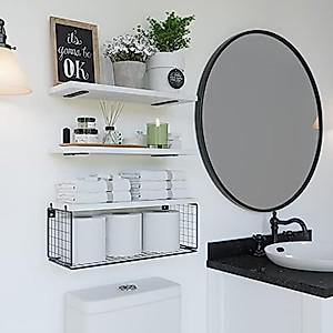 WOPITUES Bathroom Shelves Over Toilet, Floating Wall Mounted with Wire Basket, Wood Floating Shelf for Wall Décor, Bathroom Wall Décor Shelves–White