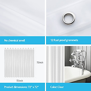 EHZNZIE Clear Shower Curtain Liner Light Weight PEVA, Shower Liner 72x72 Inches, Waterproof, No Chemical Smell with 12 Rust Proof Metal Grommets for Bathroom Shower Curtain