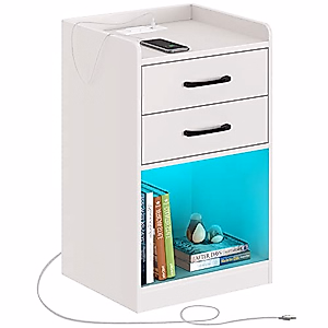 Seventable Nightstand with Charging Station and LED Lights, Modern Design End Side Table with 2 Drawers, Nightstand Open Compartment for Bedroom, White