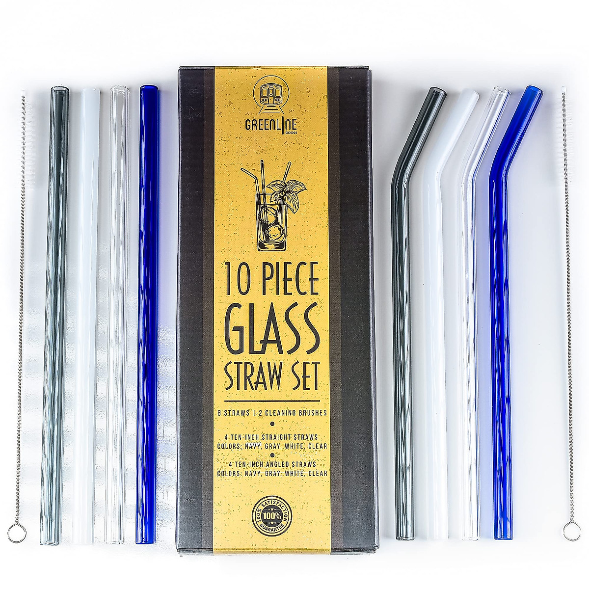 Reusable Glass Straw Set | 8 Multi Color Straws with 2 Cleaning Brushes | 4 Eco Friendly Bent Glass Straws and 4 Straight Glass Tube Straws | Zero Waste Drinking Straws | Dishwasher Safe