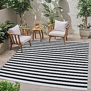 Black and White Striped Outdoor Rug 4'x6' Indoor Outdoor Porch Rug Washable Farmhouse Layered Door Mats Cotton Hand-Woven Welcome Mats Throw Carpet for Entryway/Home Entrance/Patio(4'x6')