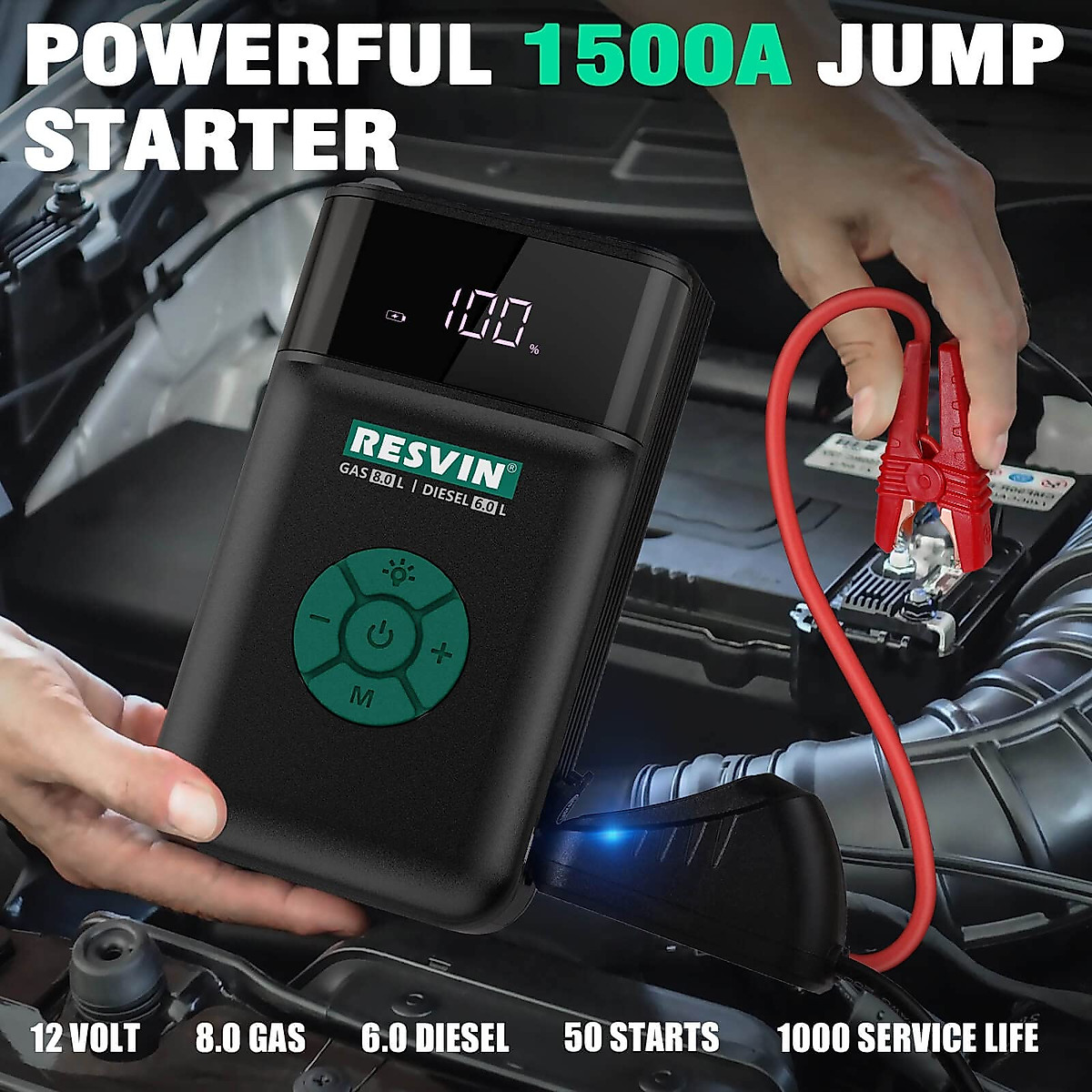 RESVIN Jump Starter with Air Compressor, 1500A 13500mAh Portable Car Battery Starter with 120PSI Tire Inflator, 12V Lithium Jump Box for Vehicles, Car Battery Booster for 8.0L Gas 6.0L Diesel Engines