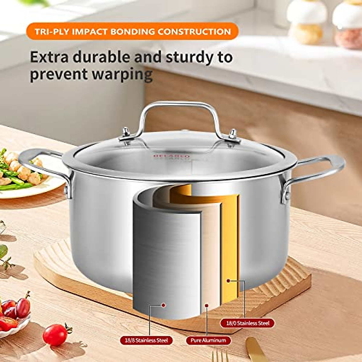 DELARLO Tri-ply Stainless Steel StockPot 5QT, Induction Cooking Pot 18/8 Stockpots Food Grade, Durable Soup Pot Stew Simmering Pot with Glass Lid Suitable for All stoves, Dishwasher-Safe