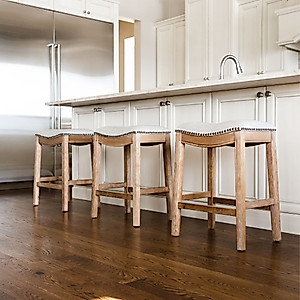 Maven Lane Adrien 31 Inch Bar Height Upholstered Backless Saddle Barstool in Weathered Oak Finish with Sand Color Fabric Cushion Seat, Set of 4