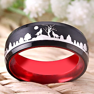 Howling Wolf Wolves Landscape Scene Tungsten Ring 8MM Width Matte Finished Beveled Edges Wedding Band -Free Customer Engraving (9.5)