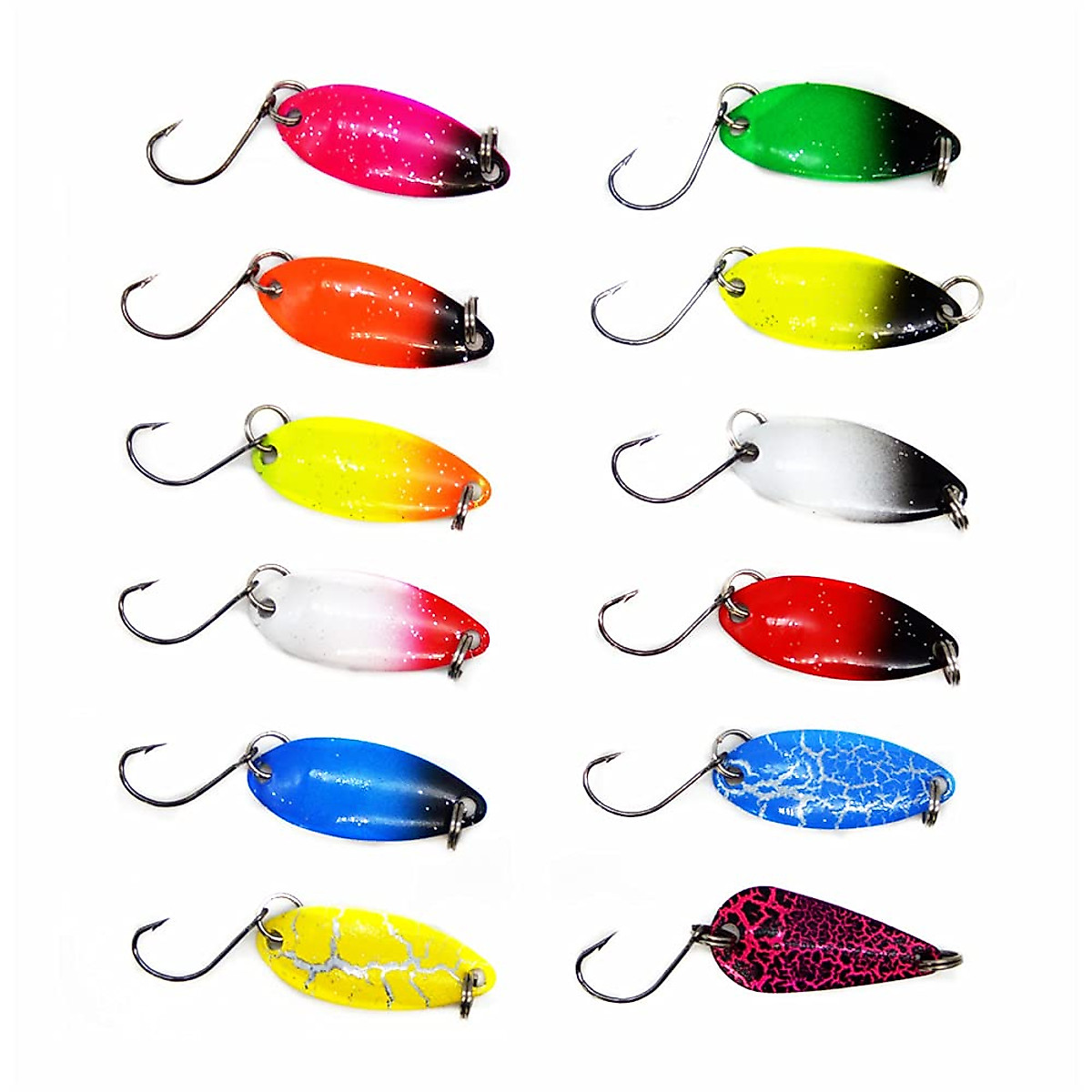 12pcs Fishing Lure Spinnerbait, Colourful Bait with Single Hooks Trout Spoon Set Spin Fishing Artificial Bait, Hard Metal Baits Kit with Tackle Boxes, Good Fishing Gifts for Men