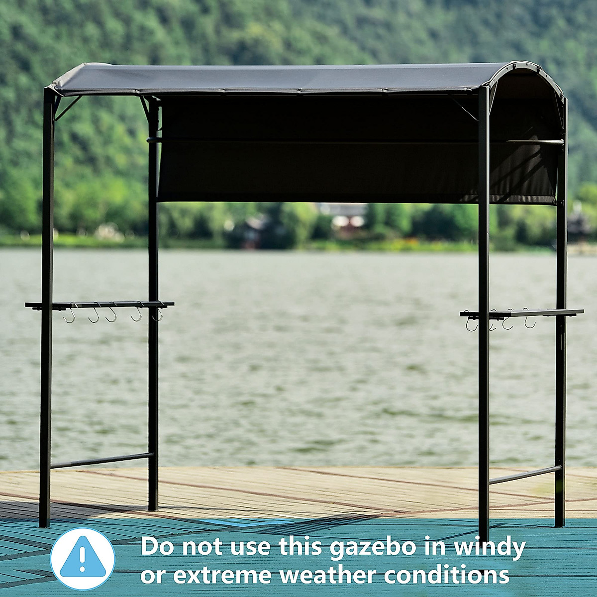 7'x4.5'Grill Gazebo,Iron Double Tiered Backyard Patio BBQ Gazebo with Side Awning, Bar Counters and Hooks, Barbecue Grill Gazebo Shelter for Patio, Garden, Beach, Backyard(Gray)