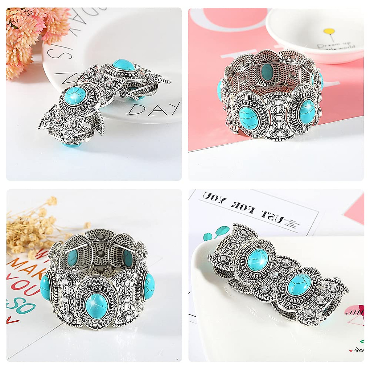 ABJFJE Fashion Imitation Turquoise Elastic Strands Bracelet Retro Bohemian Charm Statement Beaded Handmade Bracelet for Women Costume Jewelry