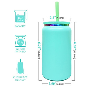 Glass Cups with Lids and Straws, 16 oz Stainless Steel Cups, Insulated Skinny Tumbler, Powder Coated Travel Mugs for Laser Engrave, Iced Coffee Cup for Smoothie Water DIY Gift (Mint Green,1 pack)