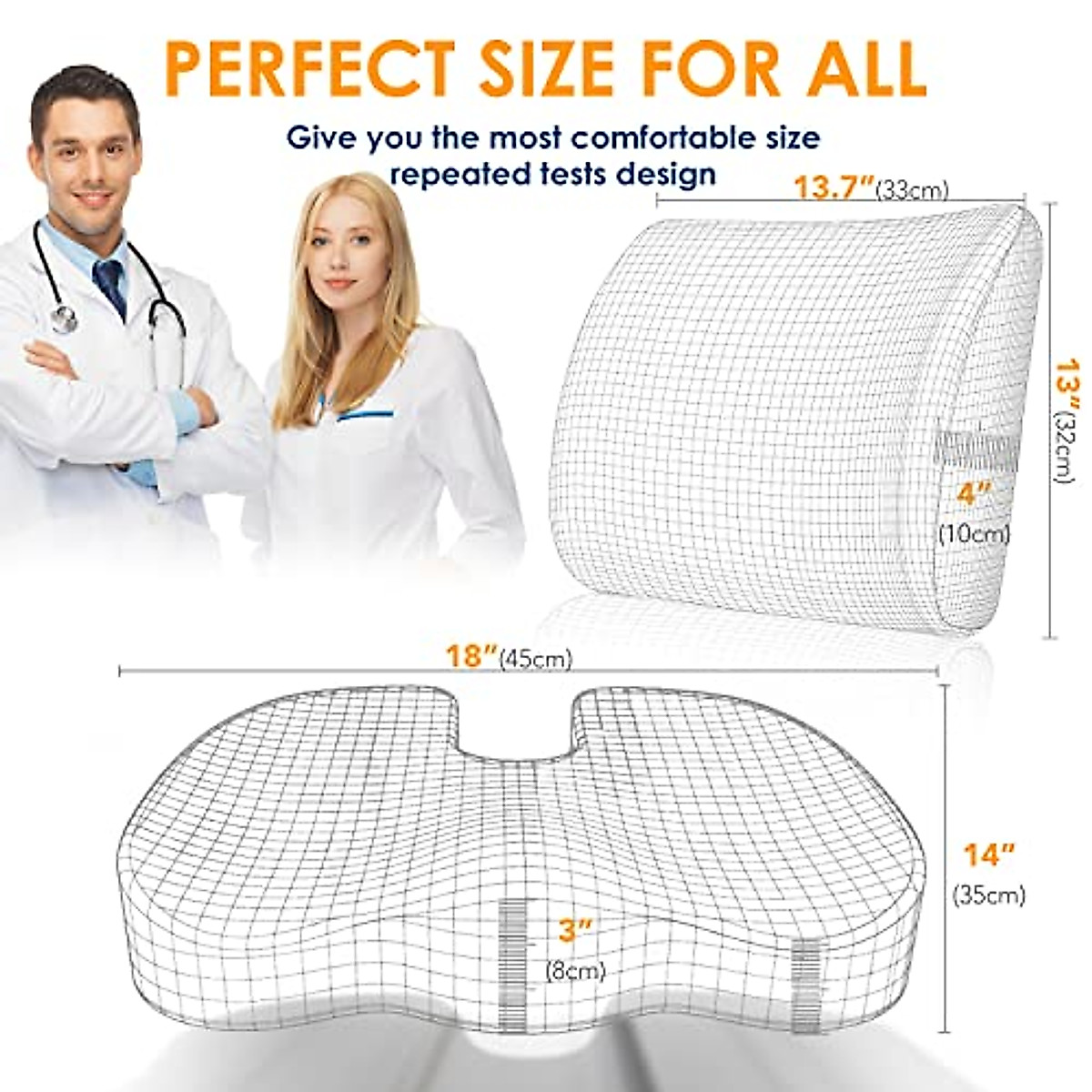 Seat Cushion & Lumbar Support Pillow for Office Chair, Car, Wheelchair Memory Foam Desk Chair Cushion for Sciatica, Lower Back & Tailbone Pain Relief Desk Pad with Adjustable Strap 3D Washable Cover