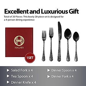 Hagary Dragon Cutlery Set 20 Pieces Stainless Steel Flatware Set Service for 4 Utensils For Home Kitchen Wedding Laser Engraved Dishwasher Safe Black