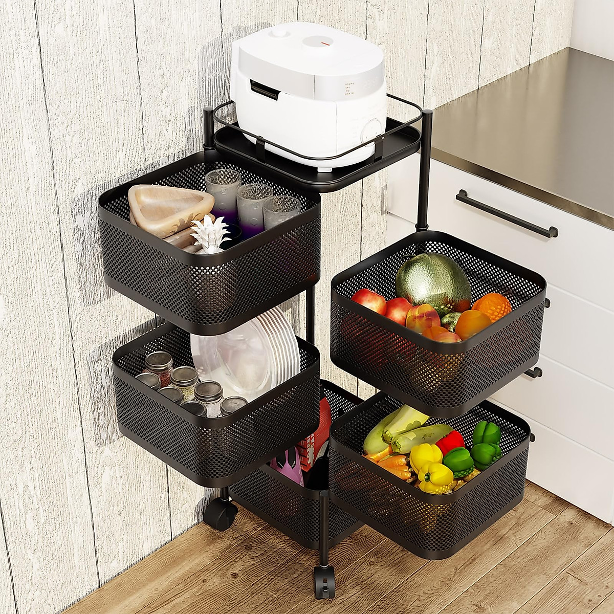 clinmday Rotating Storage Rack for Kitchen, 5-Tier Multi Layer Removable Basket Shelf Organizer on Rolling Wheels Rolling Shelf for Fruit Vegetable Grocery Corns Potato Onion (5-Tier, Black) Black 5-