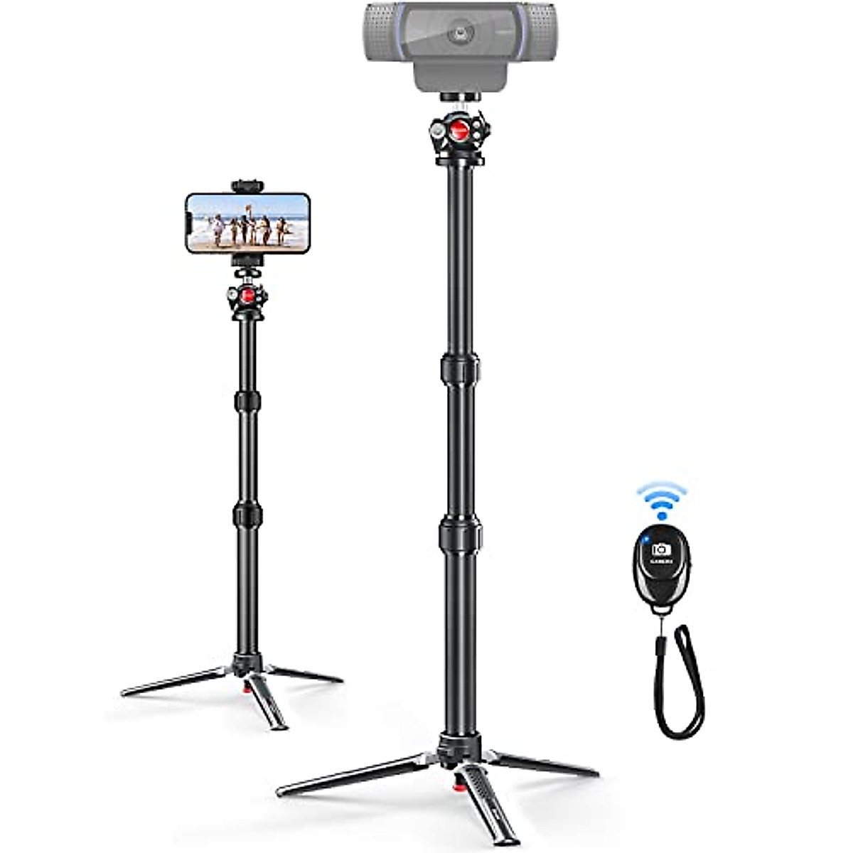 Webcam Tripod Stand, Nycetek Adjustable Sturdy Desk Tripod for Logitech Webcam C920 Brio and Other Webcam with 1/4" Thread, Aluminum Table Tripod with Phone Holder & Remote for Cell Phones, Camera