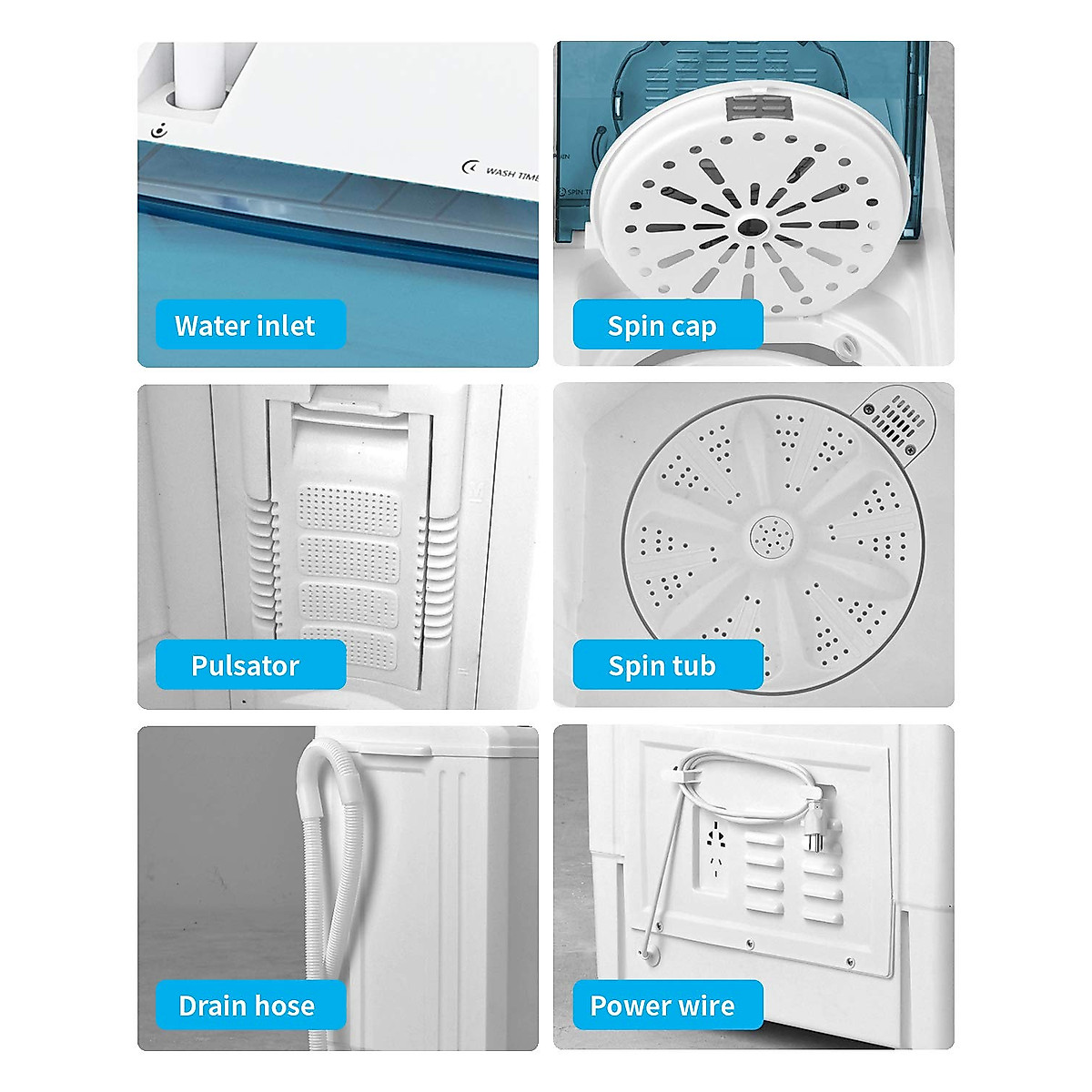 KUPPET Compact Twin Tub Portable Mini Washing Machine 26lbs Capacity, Washer(18lbs)&Spiner(8lbs)/Built-in Drain Pump/Semi-Automatic (White&Blue)