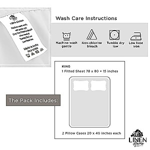 Linen Home 100% Cotton Percale Fitted Sheet Set King Size, White, Deep Pocket, 3 Piece - 1 Deep Pocket Fitted Sheet and 2 Pillowcases, Crisp Cool and Strong Bed Linen