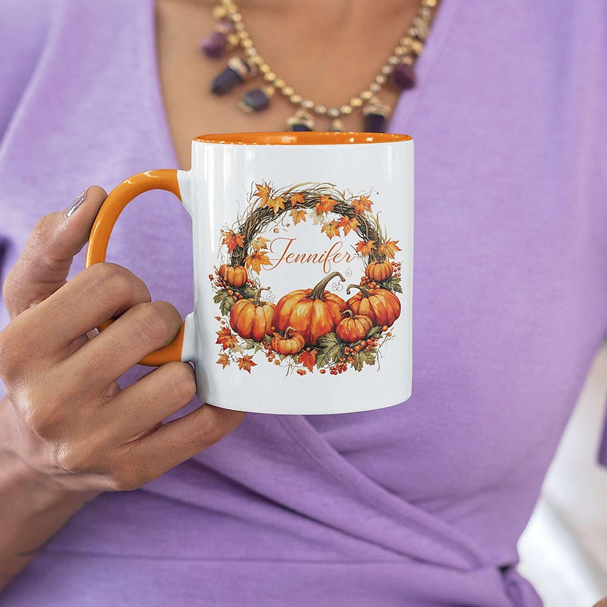 Beautiful Autumn Wreath Mug With Custom Name, Fall Pumpkin And Leaf Design Coffee Cup, Personalized Autumn Lover White Cup 15oz, Customized Fall Ceramic Mug For Friend Coworker