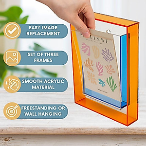 Una Haven Set of 3 Acrylic Floating Picture Frames, Color Block Unique Acrylic Decor (4x6 inch) Eclectic Cute Neon Photo Frame Set with Matisse Wall Art Included