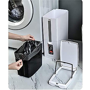 Cq acrylic Slim Plastic Trash Can with Press Top Lids for Bathroom,2.1 Gallon Garbage Can with Toilet Brush Holder,Waste Bin Between Wall & Toilet Dogproof Slim Rectangular Trash Bin for Toilet White