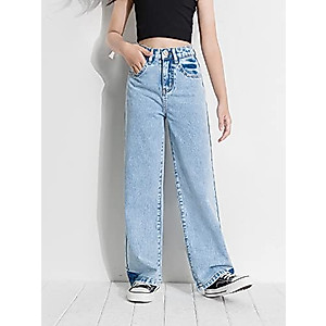 Romwe Girl's Vintage High Waisted Straight Leg Jeans Regular Fit Denim Pants Blue Light Wash 160