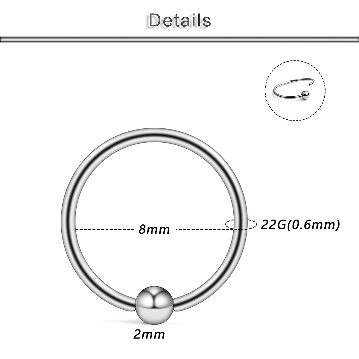 Yaalozei 22G Nose Rings Hoops Piercing Jewelry Women Stainless Surgical Steel Captive Bead Septum Nose Eyebrow Lip Smiley Rings Tragus Cartilage Helix Rook Daith Earring Hoop Piercing Jewelry Men 8mm