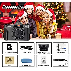 ISHARE Digital Camera for Photography 48MP Vlogging Camera, 4K Video Camera for YouTube with WiFi, 3.0 Inch Flip Screen, 16X Digital Zoom Camcorder with 32GB Micro Card