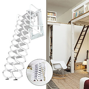 Telescopic Ladder Attic Ladder Pull Down Attic Ladder Alloy Attic Stairs 12 Steps Loft Ladder 9.2FT Wall-Mounted Collapsible Ladder with Armrests (White)