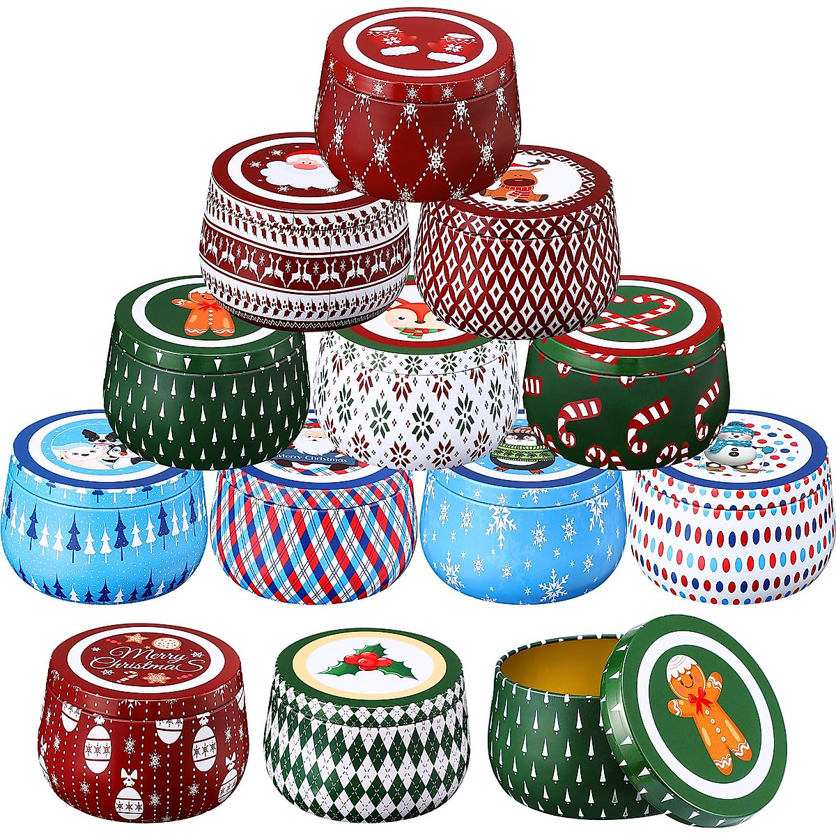 Yungyan Christmas Candle Tin Cans Set Metal Candles Tin Gifts Jars with Lids 8 oz Christmas Cookie Tins Candle Containers for Candle Making Storing Biscuits Tea Party Favors (12 Pcs)