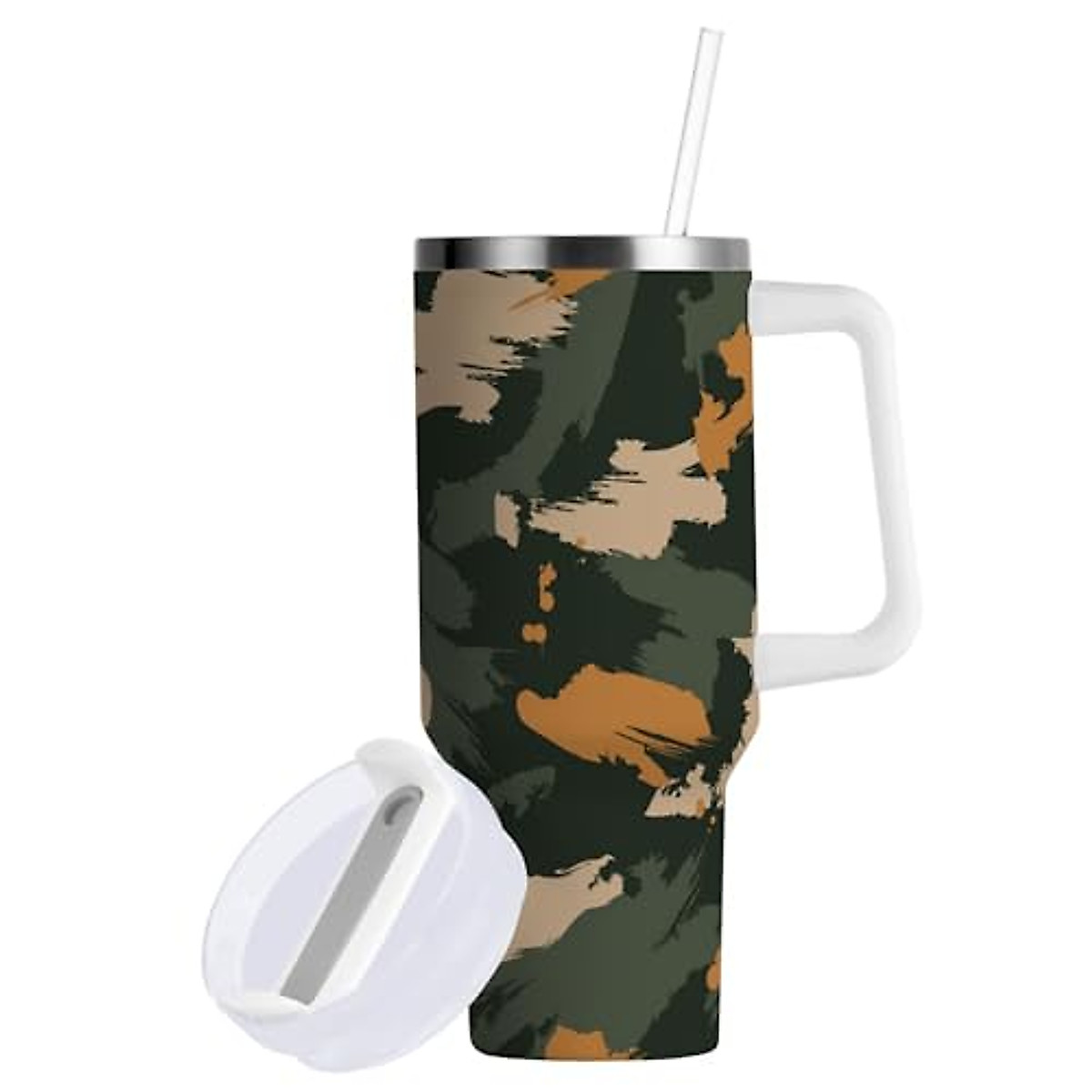 GKCLOCK 40 oz Tumbler with Handle and Straws, Insulated Reusable Stainless Steel Travel Coffee Mug Water Bottle for Office & Outdoor, Cupholder Friendly (Camouflage Style)