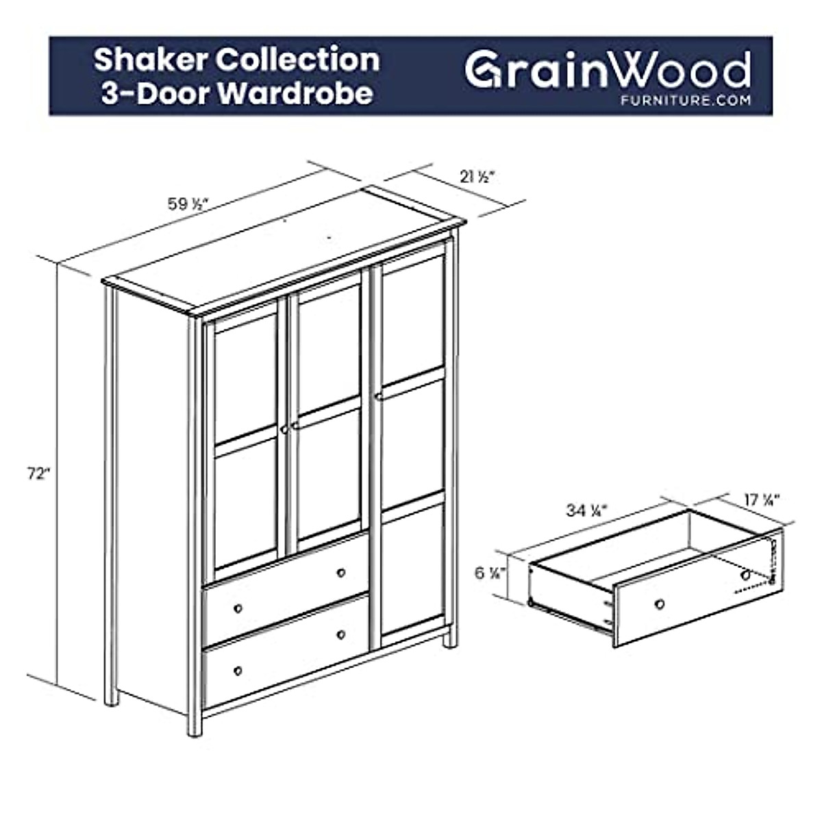 Grain Wood Furniture Shaker 3-Door Wardrobe, Cherry