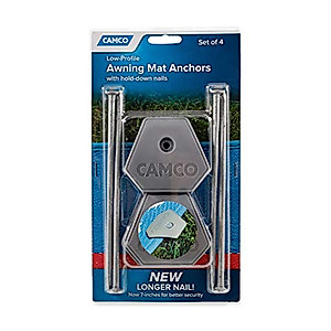 Camco 45633 RV Awning Mat Anchors - Safely Secure Your Awning Mat in Place - Set of 4 with 7-Inch Hold-Down Nails, Gray