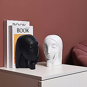 Saysmile Decorative Book Ends for Heavy Books, Unique Women Face Bookends for Shelves with Non-Slip Base Modern Resin Book Holders for Home Office Decor, Great Gifts for Book Lovers(Black&White)