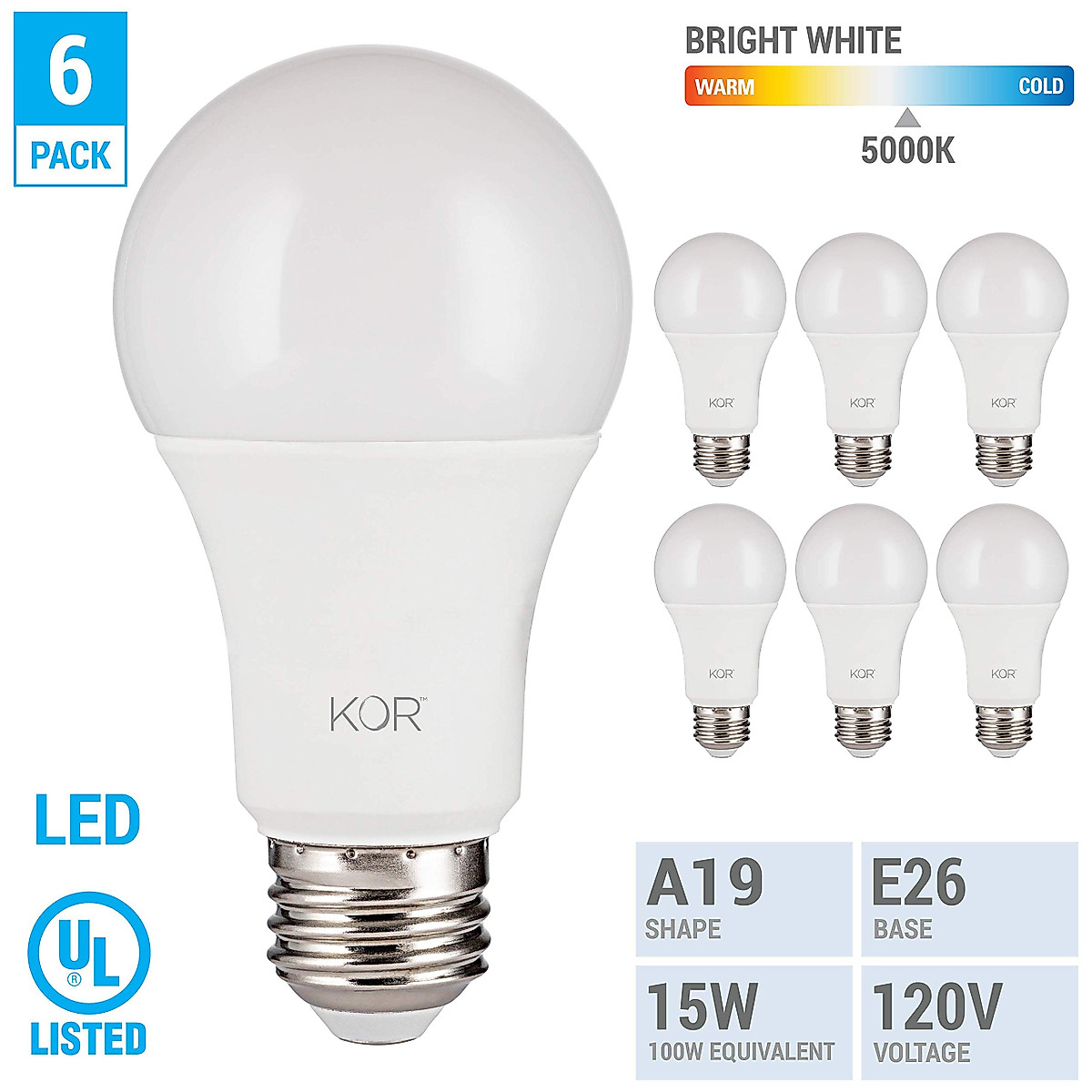 KOR LED Light Bulbs - 6 Pack of 5000K Daylight White Lightbulbs - E26 Base, A19 Size, 15W (100W Incandescent Equivalent) - Long Lasting 1500 Lumen Bright Shatter Resistant Energy Saving Light Bulbs