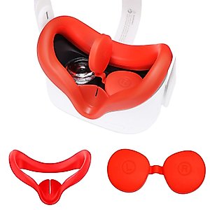 VR Face Silicone Cover Mask Combo with Protective Lens Cover for Quest 2 Headset Face Pad Cushion Accessories Set Sweatproof Lightproof by X-super Home (Red, Oculus Quest 2)