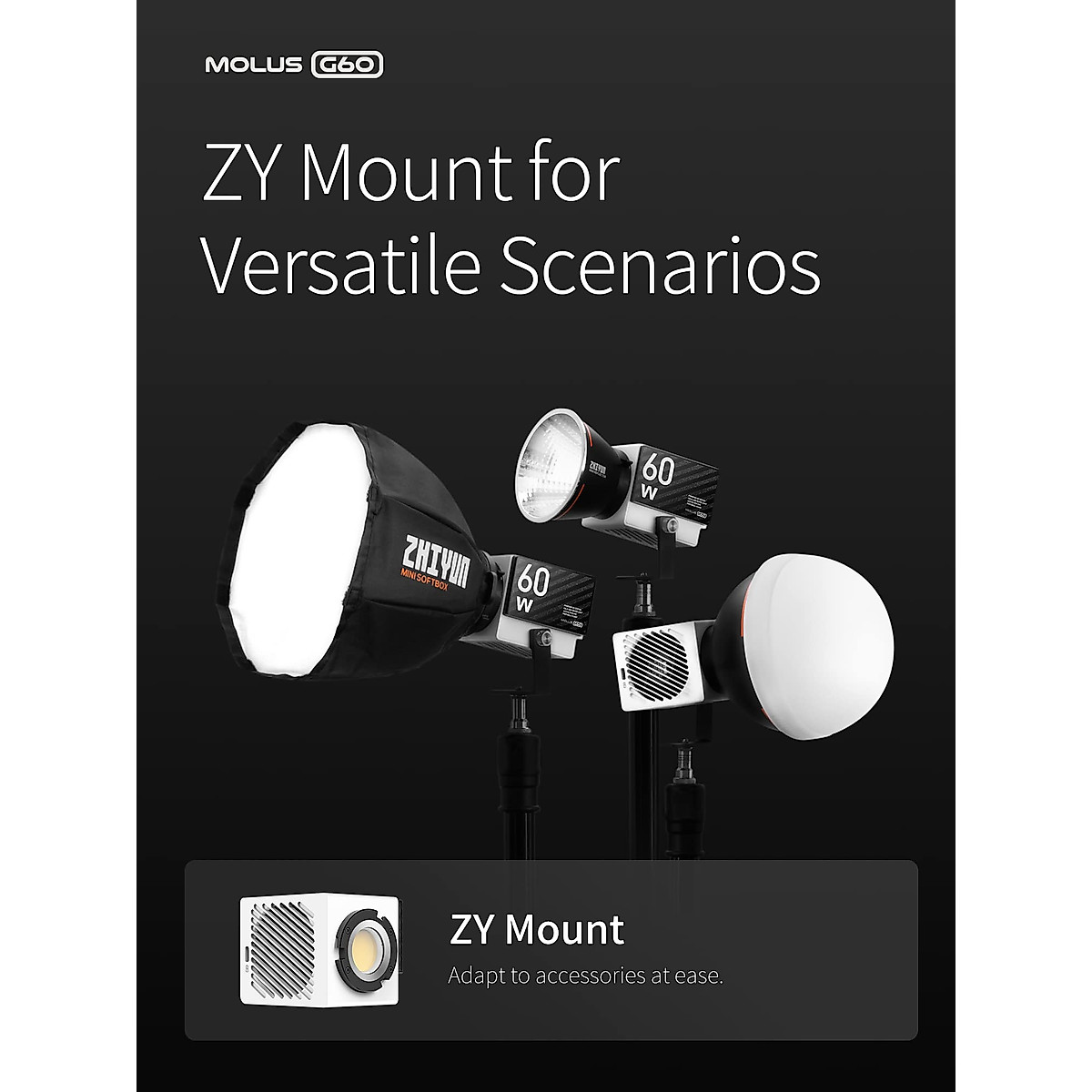 ZHIYUN Molus G60 Combo, Bi-Color Video Light, 300g Portable 60W COB LED Continuous Output Lighting, CRI≥96, TLCI≥97, Bluetooth App Control with Bowens-Mount Accessories DC/PD Power Supply