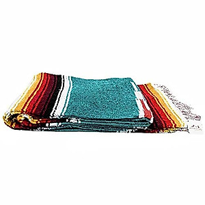 Open Road Goods Teal/Turquoise Diamond Mexican Yoga Blanket, Thick Serape with Red and Yellow Sunset Stripes - Handmade