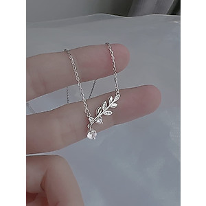 CZ Olive Leaf Pendant Necklace for Women Girls 925 Sterling Silver Cubic Zirconia Crystal Leaves Branch Charm Chain Choker Necklaces Dainty Elegant Birthday Wedding Anniversary Jewelry Gift