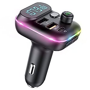 VR robot Upgraded Bluetooth FM Transmitter for Car, Wireless Bluetooth 5.0 FM Car Adapter with Dual USB Ports,Support 20W PD+QC3.0 Fast Charger, Stronger Microphone,7 Colors LED Backlit