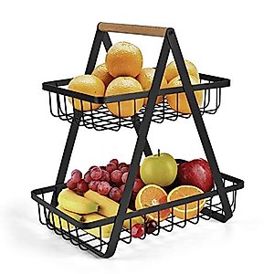DEFLECTAIR 2-Tier Countertop Fruit Basket Fruit Bowl Bread Basket Vegetable Holder for Kitchen Storage, Black