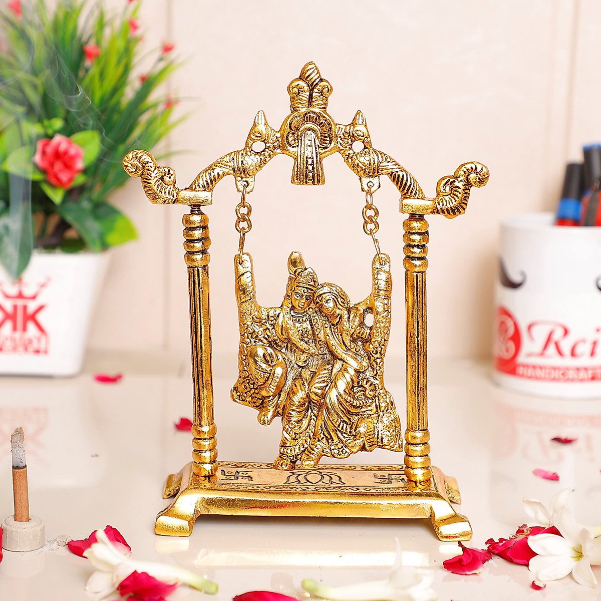 Prince Home Decor & Gifts Metal Gold Plated Radha Krishna Idol on Jhula Idol Statue Showpiece Figurine for janmashtami Janmashtami jhula GiftMandir Pooja Murti (Size 7.5 x 5 Inches)
