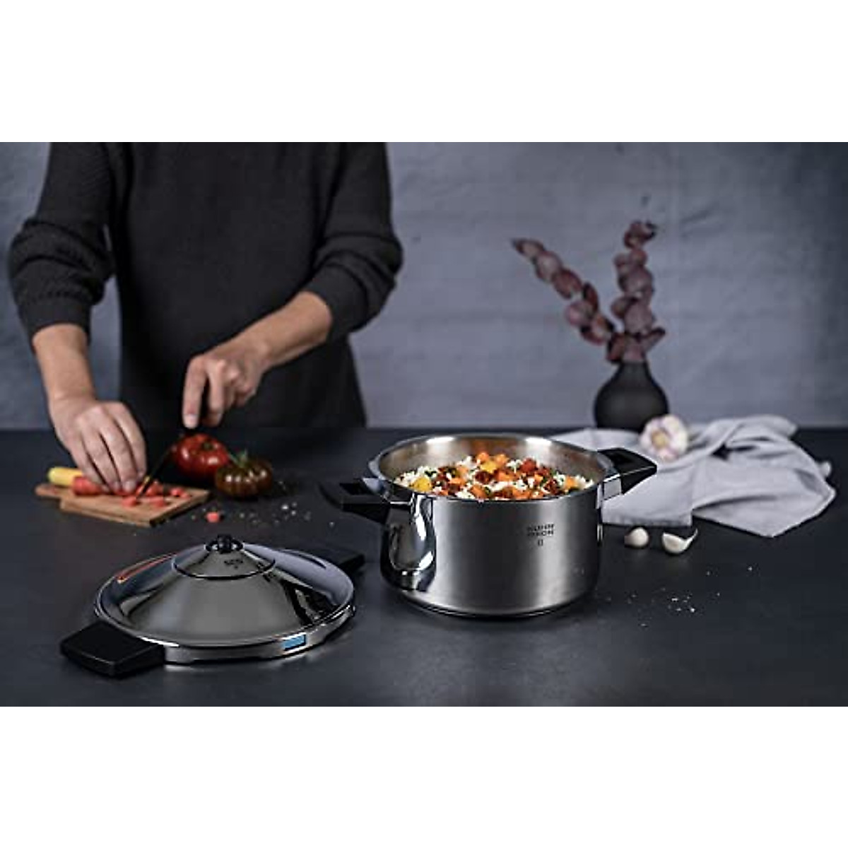 Kuhn Rikon DUROMATIC® Pressure Cooker 8.75” 6.3 qt family of 4 with side handles to save space
