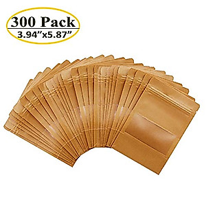 Belinlen 300pcs 3.94x5.87" Kraft Stand Up Pouches Zip Lock Food Storage Bags with Matte Window Multipurpose Kraft Paper Bags Reusable, Heat-Sealable